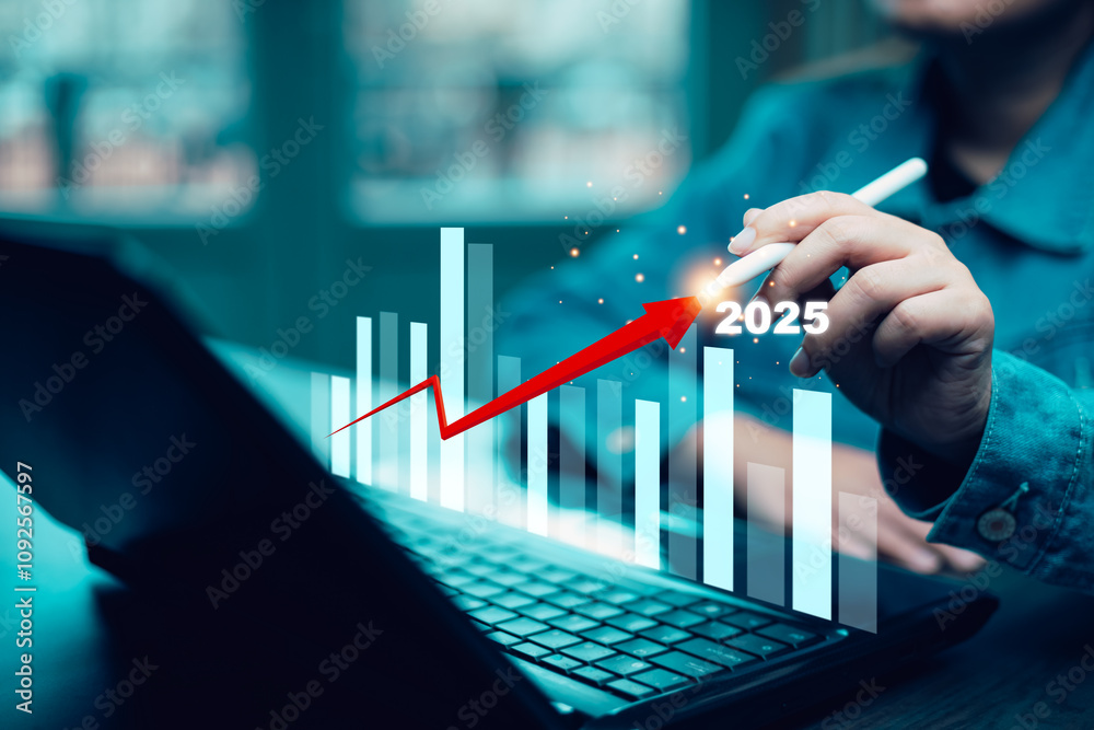 Businessman touch growth data chart arrow with diagram 2025 budget ...