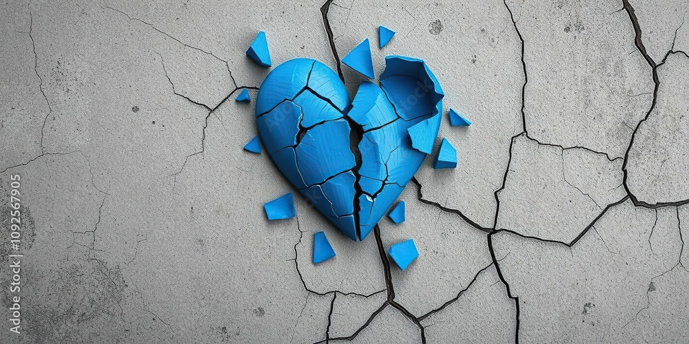 Fragile blue heart shattered on cracked concrete wall, sorrowful ...