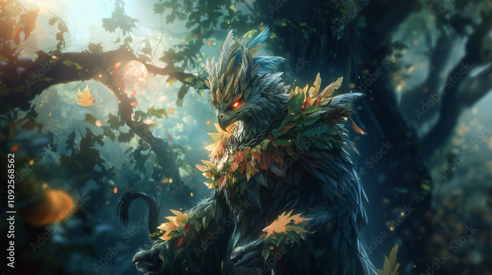 A shapeshifter with animalistic features, clad in organic armor made of leaves and feathers ...