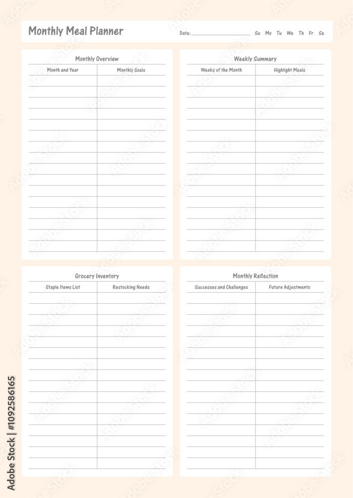 Vetor de Comprehensive Meal Planning Sheets for Weekly, Monthly, and Daily Meal Prep, Grocery ...