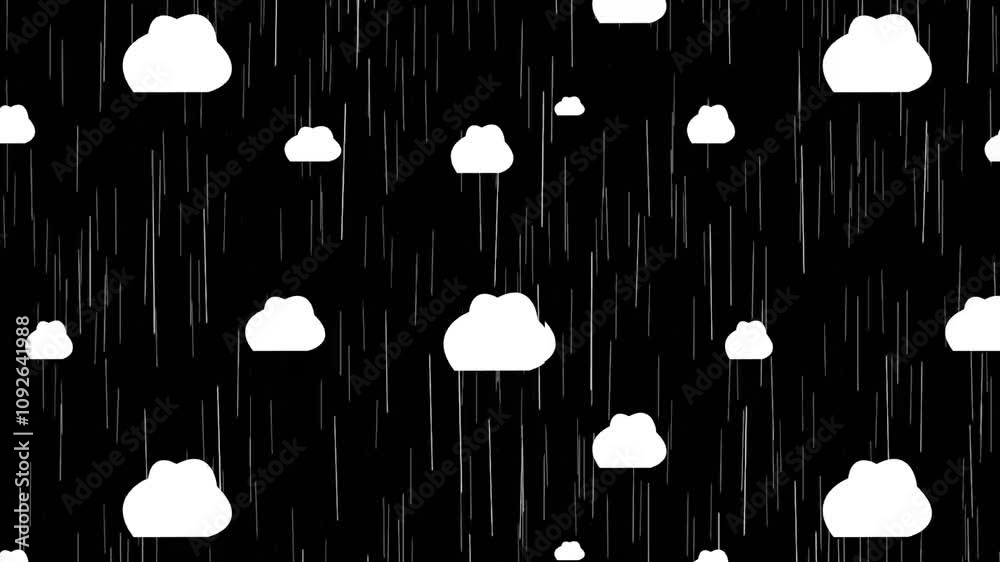 4k animated on cloud cartoon background with rain fall. cartoon clouds ...