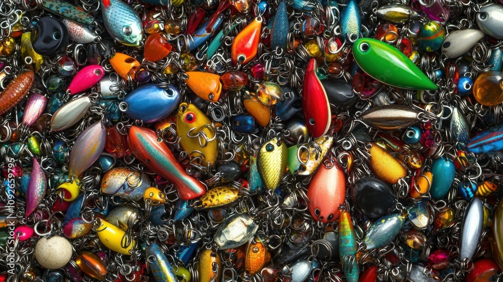 shot completely filled with fishing lures and hooks, colorful and shiny ...