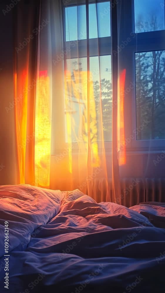Sunlight filters through sheer window curtains in a bedroom, casting a ...