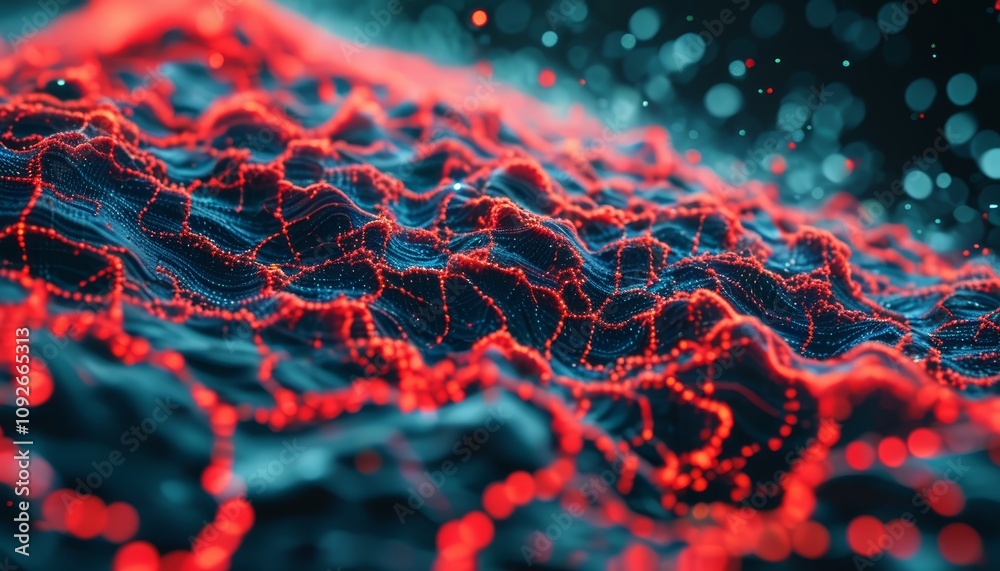 Abstract representation of digital network connections with glowing red ...