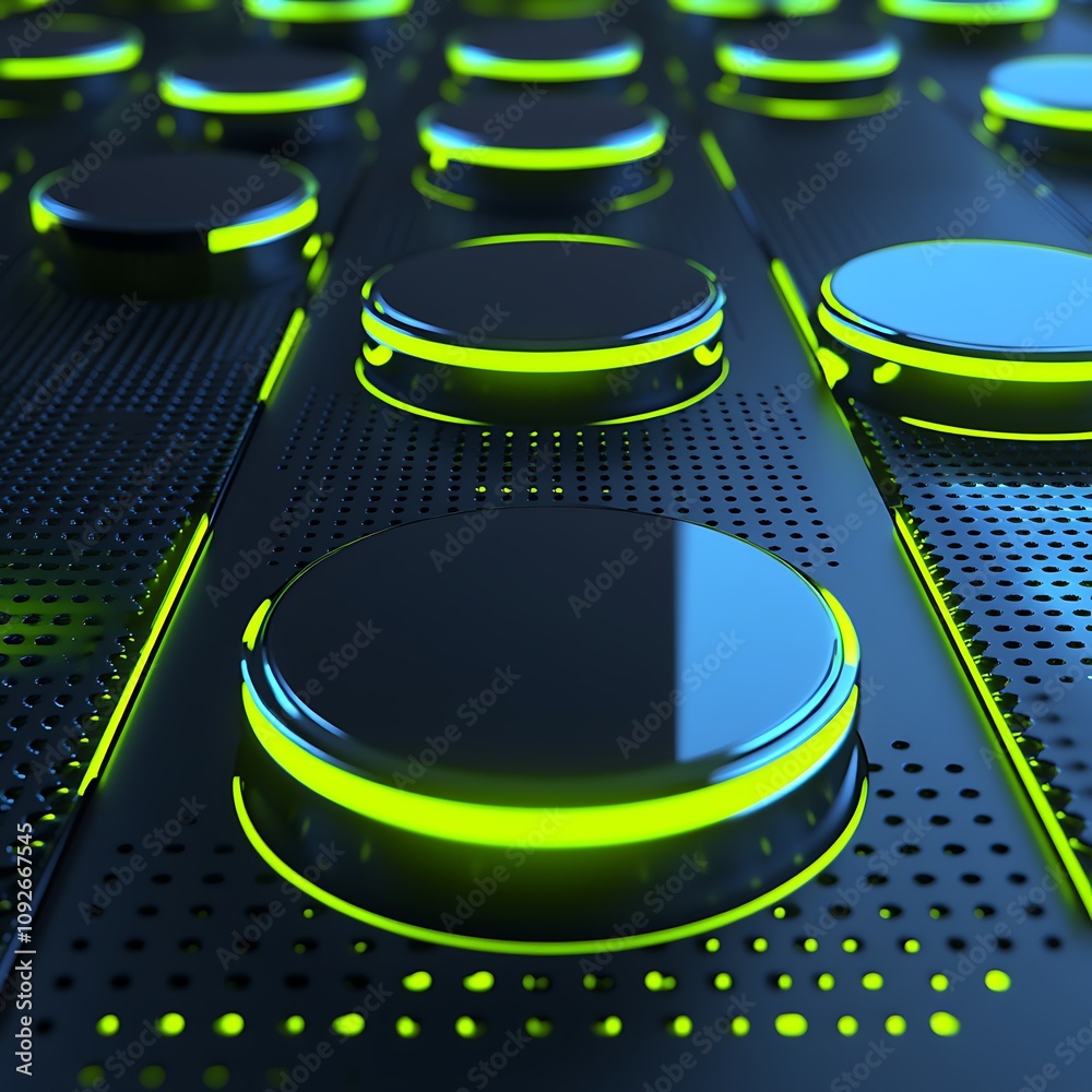 Futuristic Digital Buttons with Glossy Black Surfaces and Neon Green ...