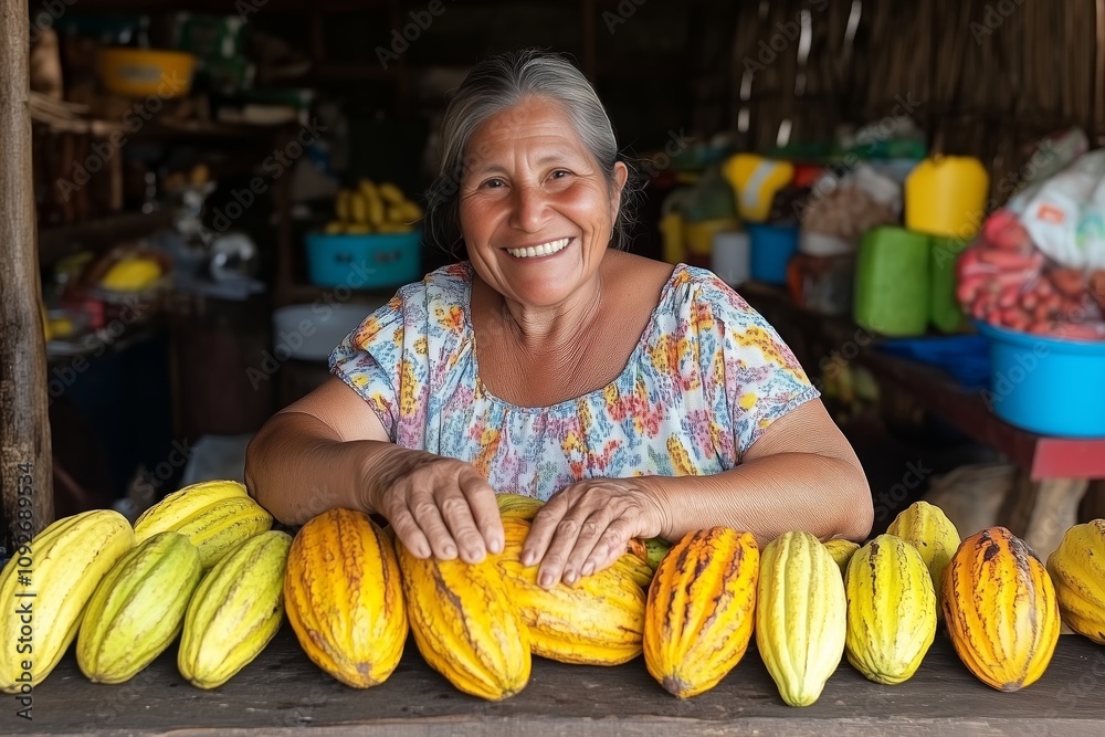 Indigenous woman selling cocoa fruits at local market in ecuador ...