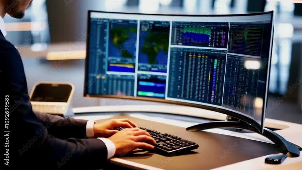 "Modern trading desk setup with a curved monitor displaying detailed ...