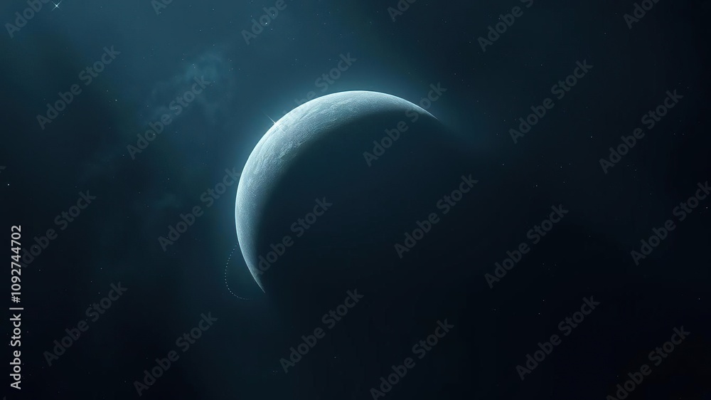 Mysterious dark matter planet with a shadowy aura and twinkling stars ...