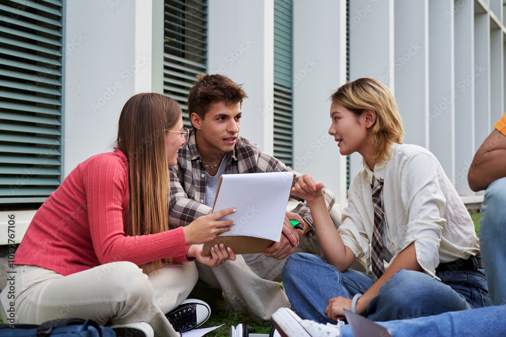 Three student friends sitting on the ground outside university ...