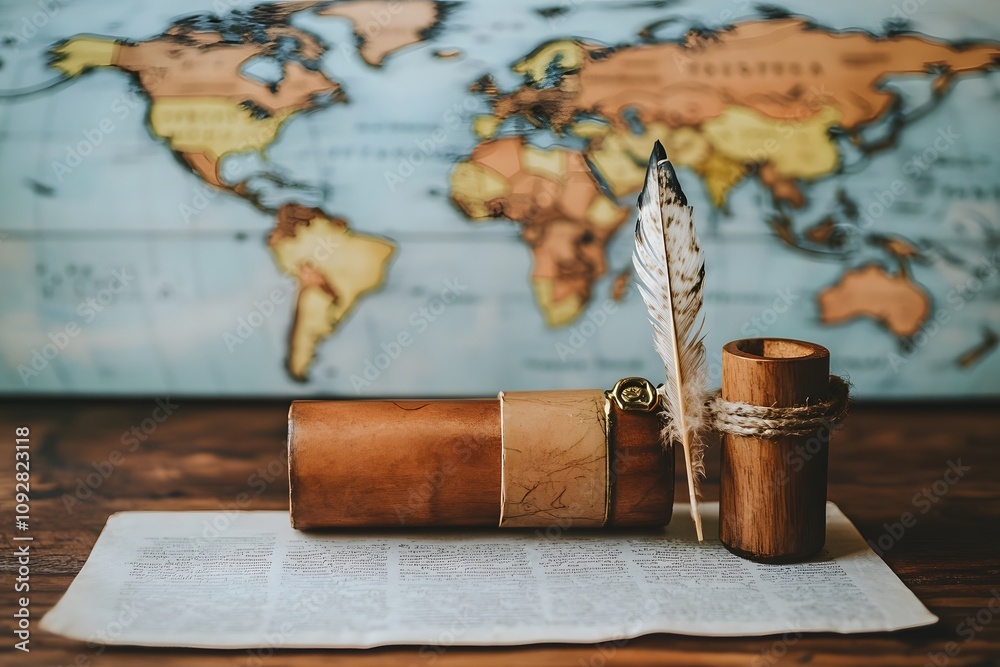 Close-up of classic inkwell and quill pen with parchment, faint world ...
