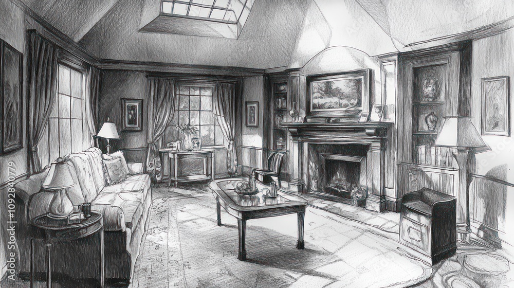 Elegant Living Room Pencil Sketch: A Masterpiece of Architectural ...