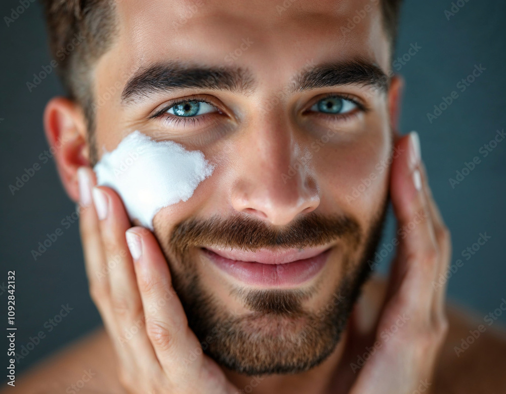 Close up beauty portrait of satisfied man after facial cream. Attractive brunet guy touching ...