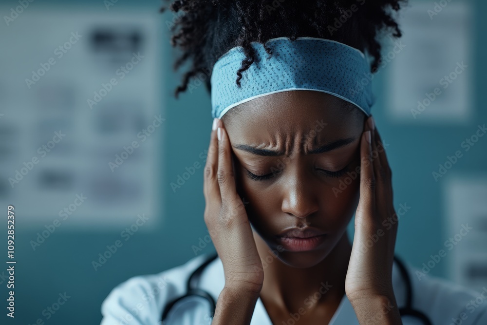 A stressed doctor, visibly overwhelmed, holds her head in her hands ...