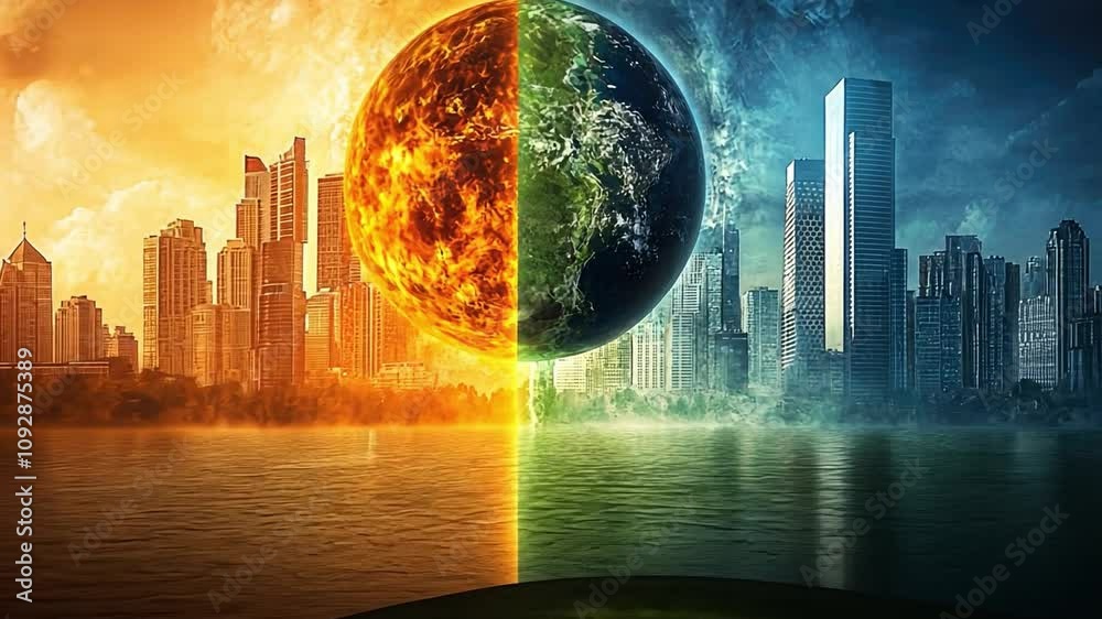 Dystopian Metropolis: A fiery half of a planet looms over a futuristic ...