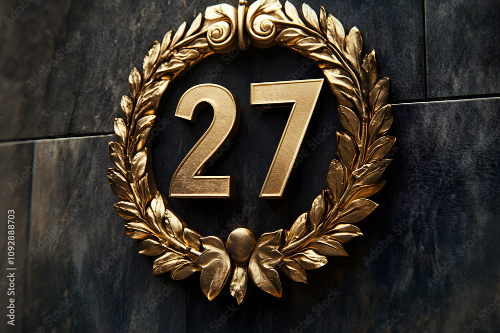 Golden number 27 with laurel wreath on textured dark background ...