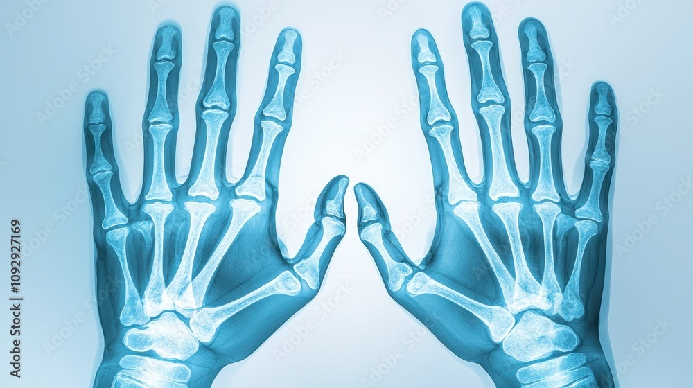 Orthopedic hand X-ray concept. X-ray image of two hands showing ...