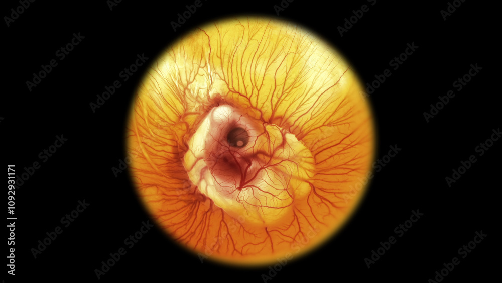 Chicken embryo under a microscope, on the fourth day of development ...