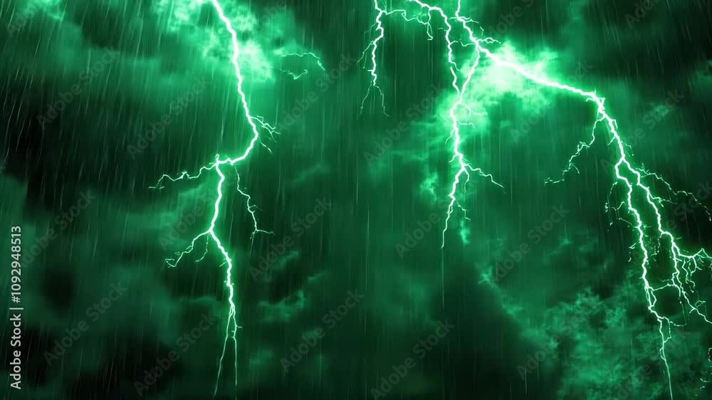Green Lightning Storm: A dramatic shot of a green lightning strike amidst a heavy downpour ...