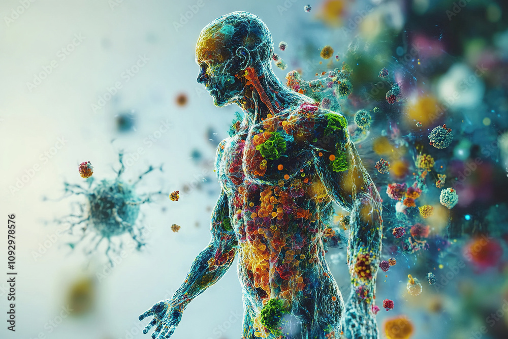 Image of a human body silhouette with many bacteria and microorganisms ...