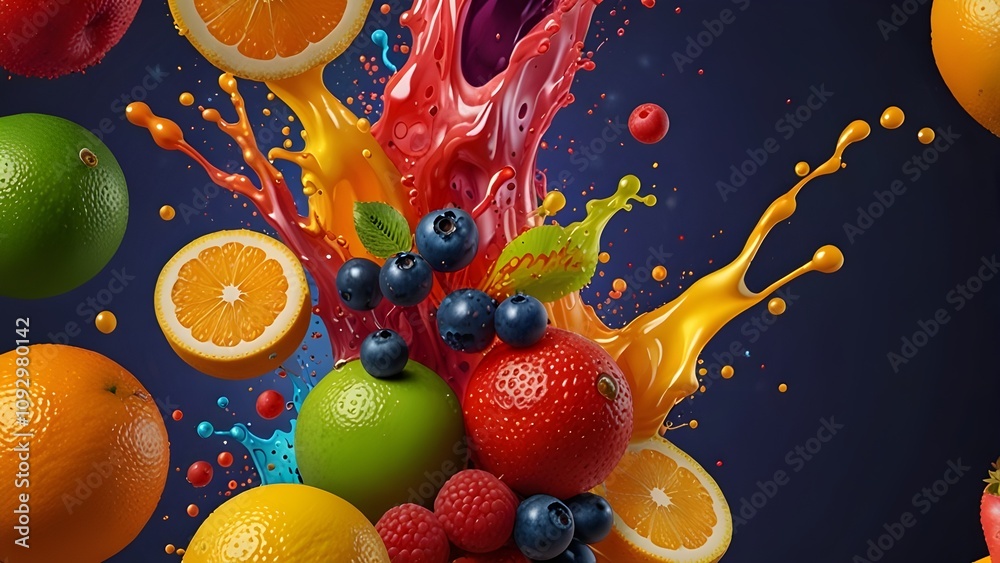 Juice fruit mix splash. Isolated vector vibrant fruity eruption ...