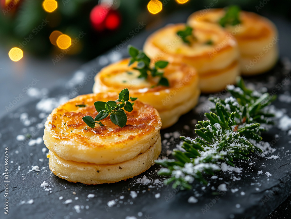 Traditional Cheese Blini on Festive Christmas Table, Garnished with ...