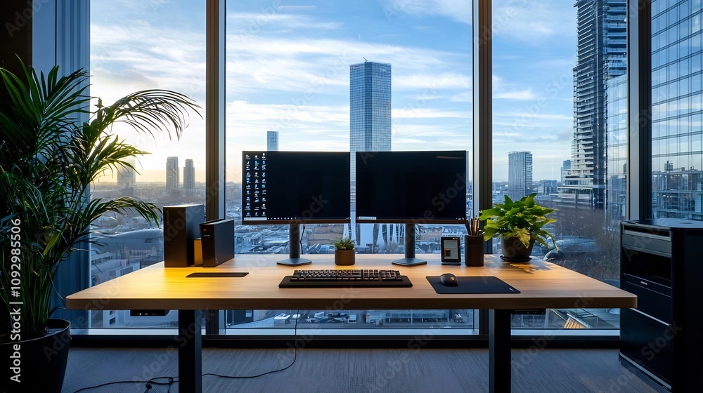 A modern and minimalist office workspace featuring a standing desk ...