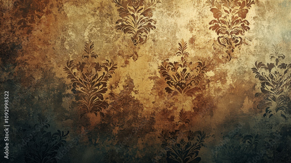 An elegant damask pattern overlays a textured background, featuring an ...