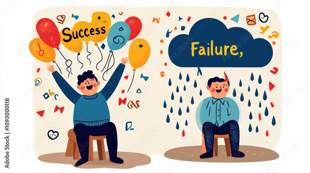 Success or Failure. A split illustration showing one person celebrating ...