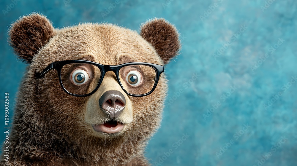 The image depicts a brown bear with wide eyes and raised eyebrows ...