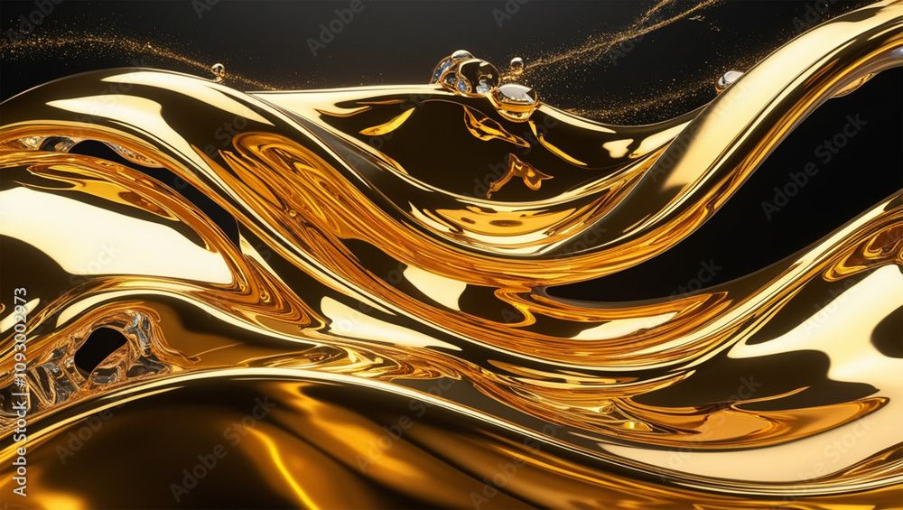 3D liquid abstract background, shimmering pools of golden liquid in a ...
