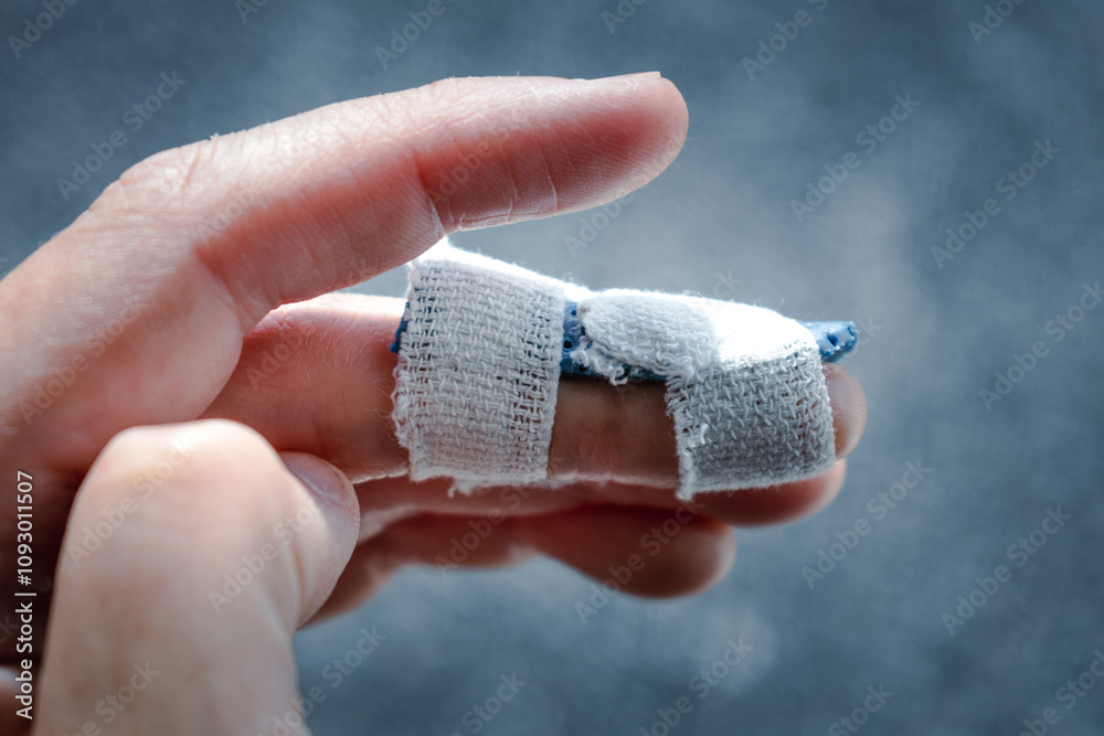 Mallet finger with custom orthosis on the middle finger to immobilize ...
