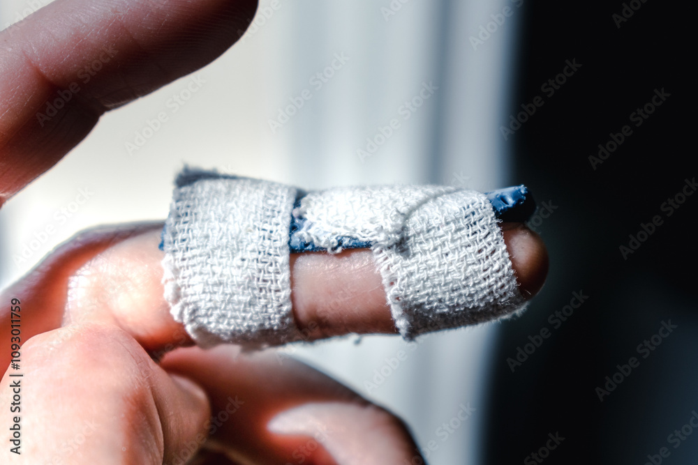 Mallet finger with custom orthosis on the middle finger to immobilize ...