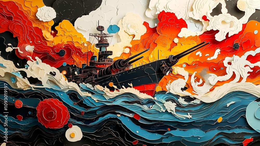 Dramatic papercut scene depicting a battleship firing its main guns ...