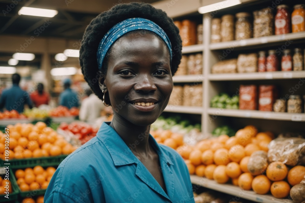 Close portrait of a smiling 40s South Sudanese female grocer standing ...