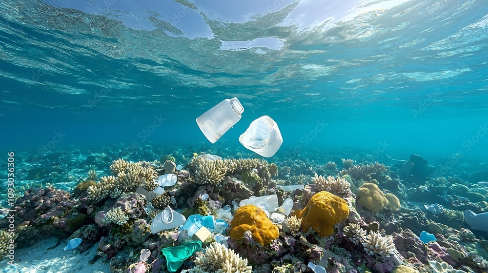 Floating plastic trash and debris among vibrant coral reef in clear ...