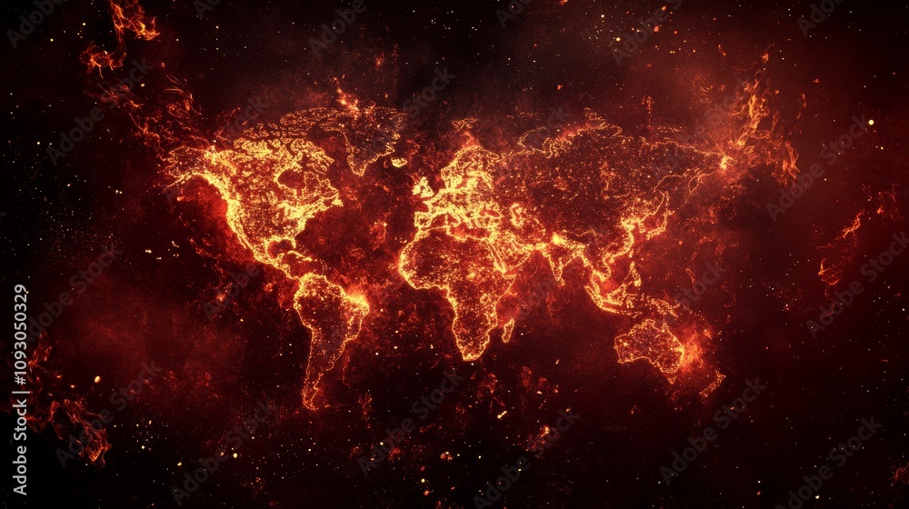 Textured world map in fire, global catastrophe spreading concept ...