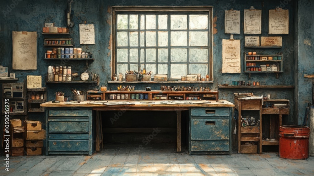 Rustic Art Studio with Natural Light, Wooden Desk, Shelves Filled with ...