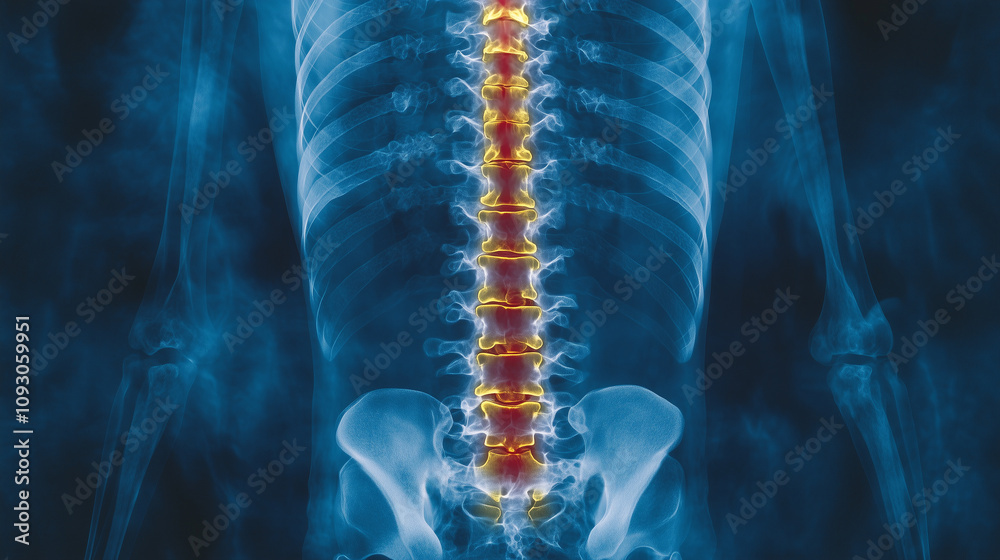 X-ray of the lower spine and sacrum on a blue background, with red and ...