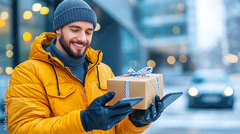 Delivery action urban street mobile app interaction winter environment ...