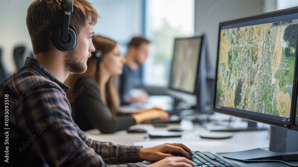 GIS Day Technology team analyzing satellite maps in modern office ...
