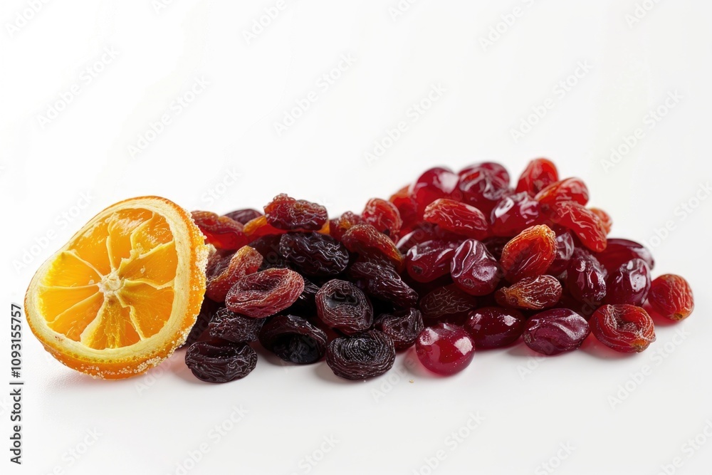 Dried cranberries, raisins, and candied orange slice on white ...