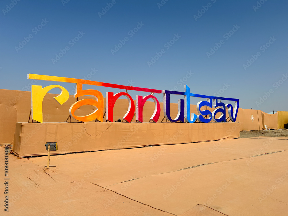 Sign board of Rann Utsav in Entrance of Tent City in Great Rann of ...
