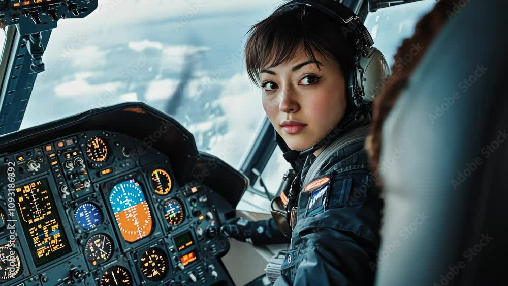 An East Asian female pilot with short hair, preparing for descent while ...