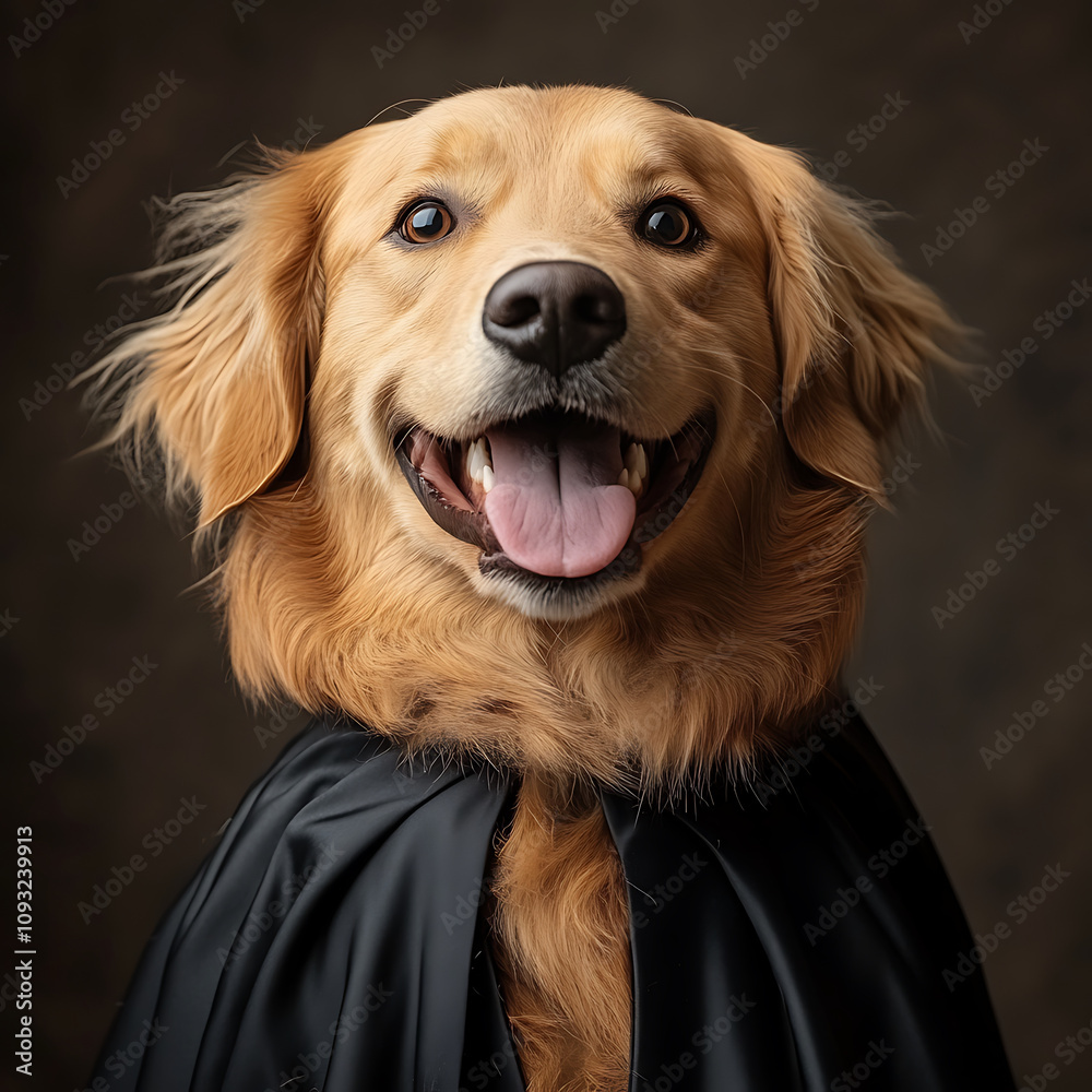 cheerful golden retriever dressed as vampire, wearing black cape ...