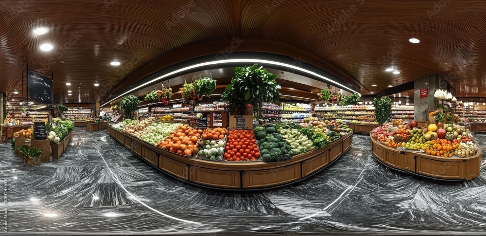 A vibrant panorama of a grocery store's produce section, showcasing a ...
