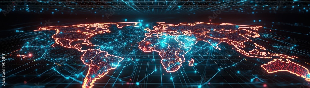 Illuminated world map with glowing data points digital landscape ...