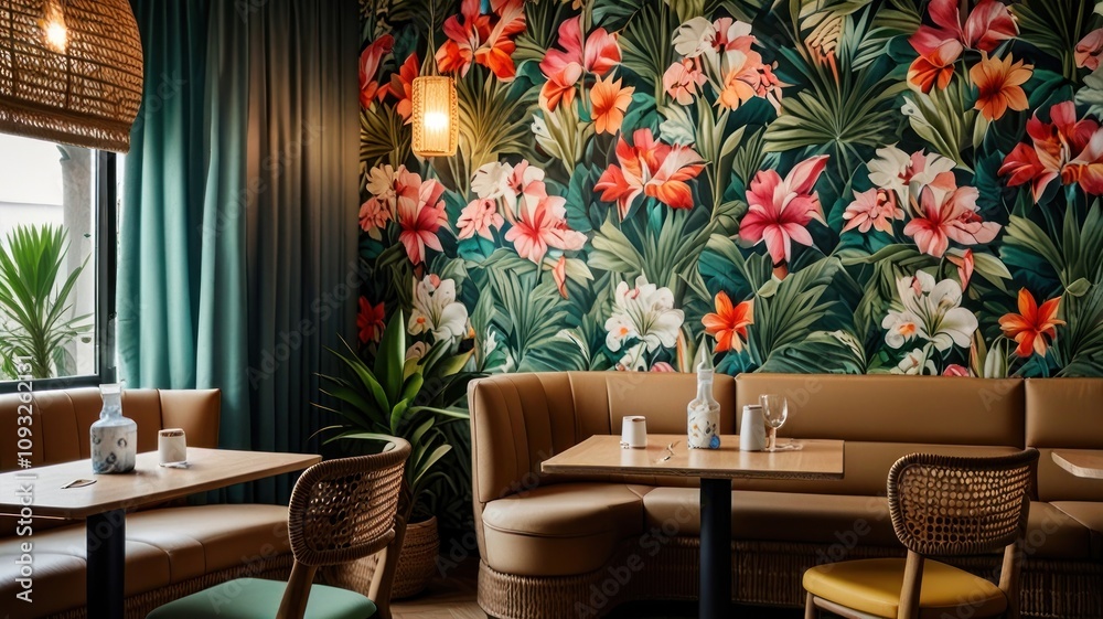 Tropical restaurant interior with floral wallpaper, booth seating, and ...