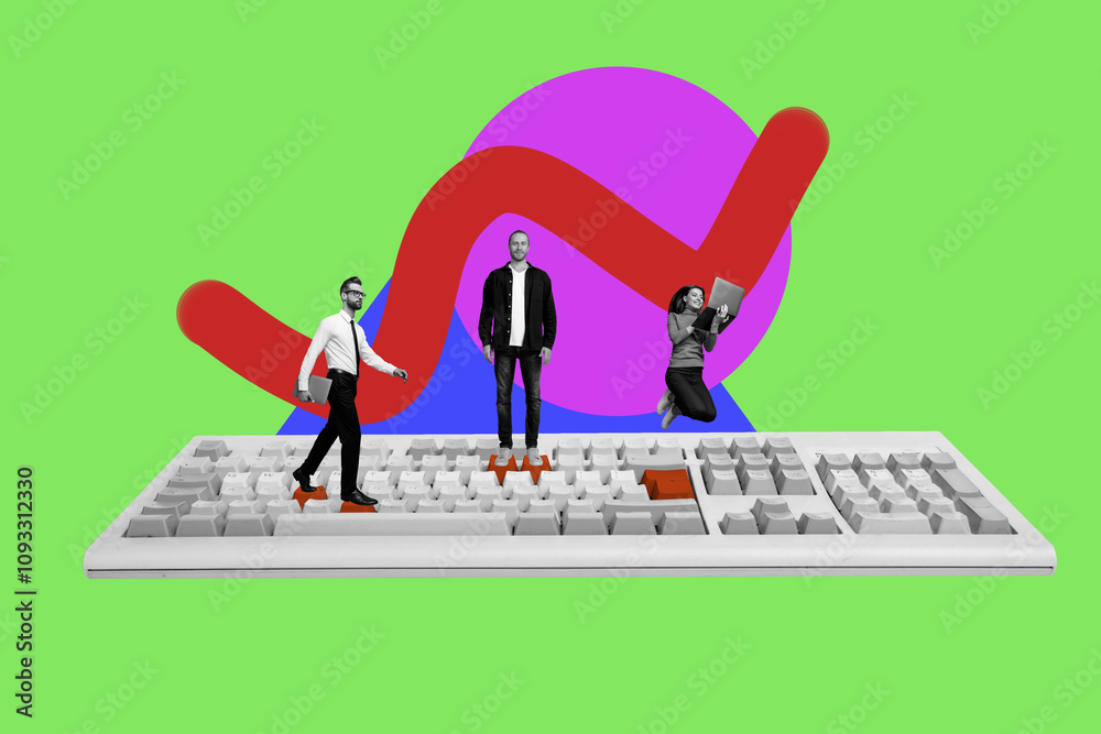 Composite photo collage of three happy freelancer workers jump walk ...