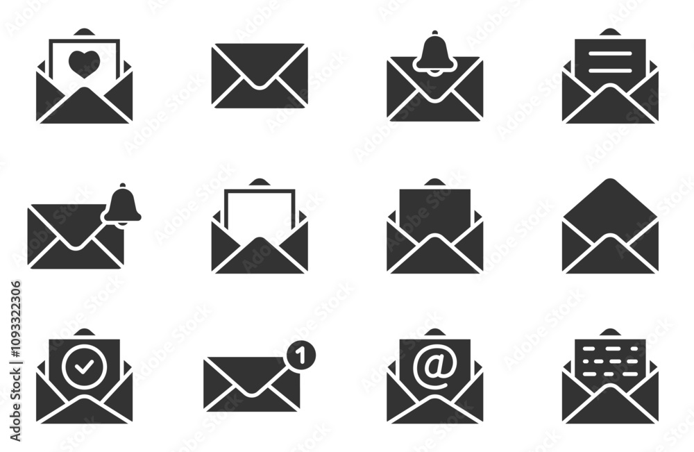 Set of mail envelope icon. Closed envelope, opened letter, with ...