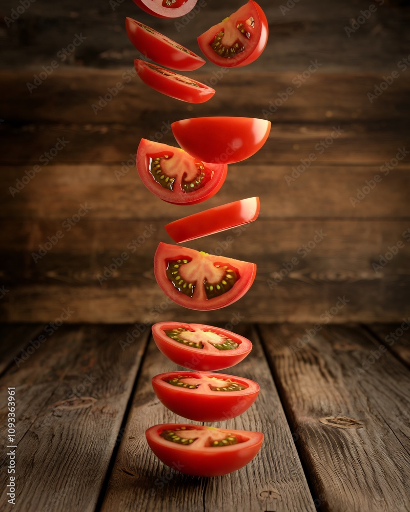 fresh tomato slices floating in mid-air, arranged in a cascading or ...